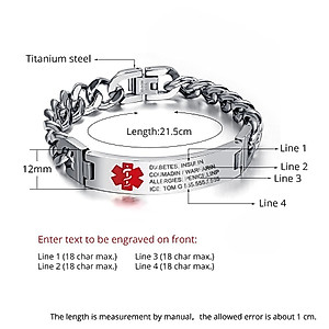 Lam Hub Fong Emergency Medical Alert Bracelets for Women Men Free Engrave Medical ID Bracelets 7.5 to 9.5 Inches Non Tarnish Titanium Steel Alert ID Bracelet (Silver-8.5 inches for men)