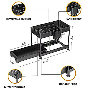 2 Pack Under Sink Organizer, 2 Tier Under Sink Organizers and Storage for Kitchen with Hooks, Hanging Cup, Divider, Multi-purpose Storage Shelf (Black)