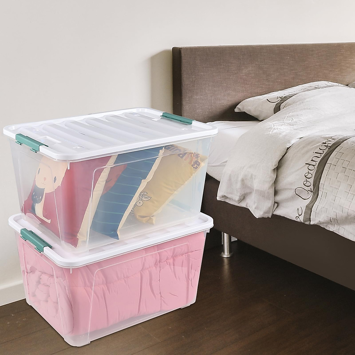 Readsky 85 Quart Clear Plastic Storage Bins with Wheels, Large Latching Boxes, 4 Packs