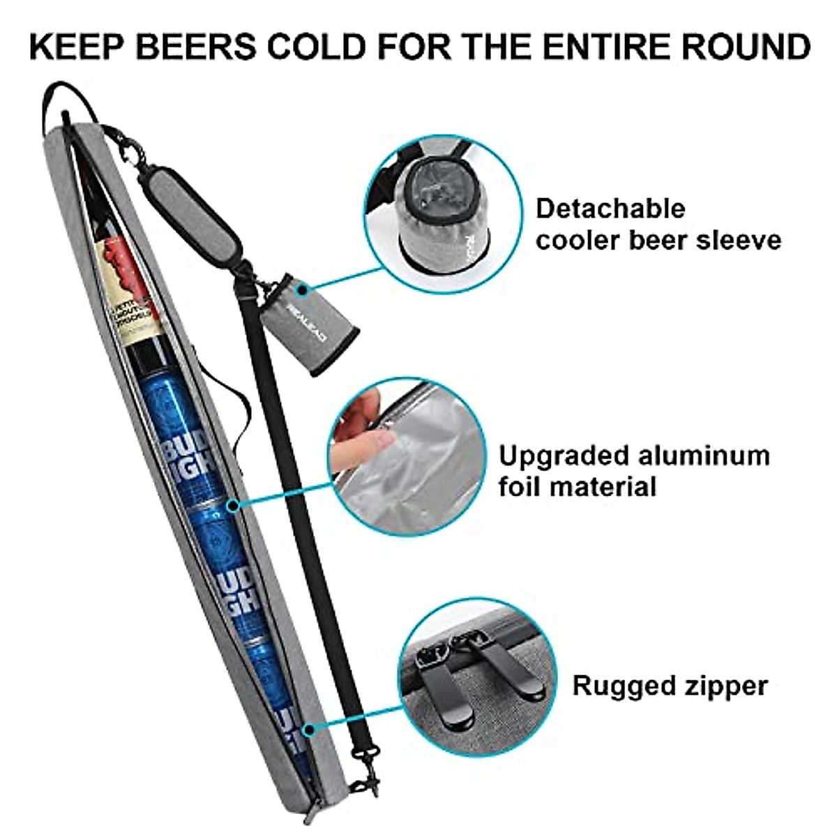 REALEAD Beer Sleeve for Golf Bag,7 Cans Insulated Beer Sleeve Cooler Discreetly in Your Golf Bag,Keeps Canned Beverages Ice Cold On Your Golf Course,Golf Accessories for Men Women(Gray)