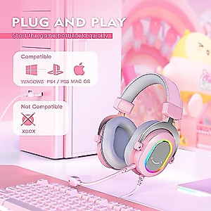FIFINE PC Gaming Headset, USB Wired Headset with Microphone, 7.1 Surround Sound, in-Line Control, Computer RGB Over-Ear Headphones for PS4/PS5, for Streaming/Game Voice/Video-AmpliGame H6 (Pink)