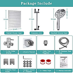 Rain Shower Head with Handheld, Lanhado 8'' High Pressure Rainfall Shower Head with 11'' Extension Arm, 9 Settings Handheld Shower Heads with Holder & Hose, Anti-leak Waterfall Showerhead, Chrome