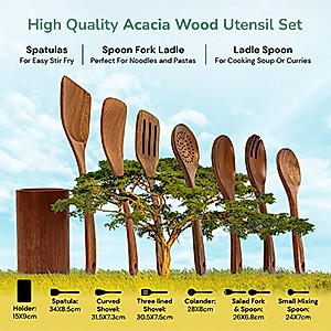 Wooden Spoons for Cooking-Kitchen utensils set with holder-Nice-nook 8PCS Wooden Utensils for Cooking made with Acacia wood-Cooking Utensils Set non-stick with comfortable soft grip-Great House gifts.