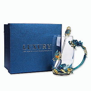 Kingrol 12 oz Glass Tea Cup with Spoon, Handmade Coffee Mug with Enamel Flower & Butterfly, Unique Gift For Women Wedding Birthday Valentine's Day Christmas