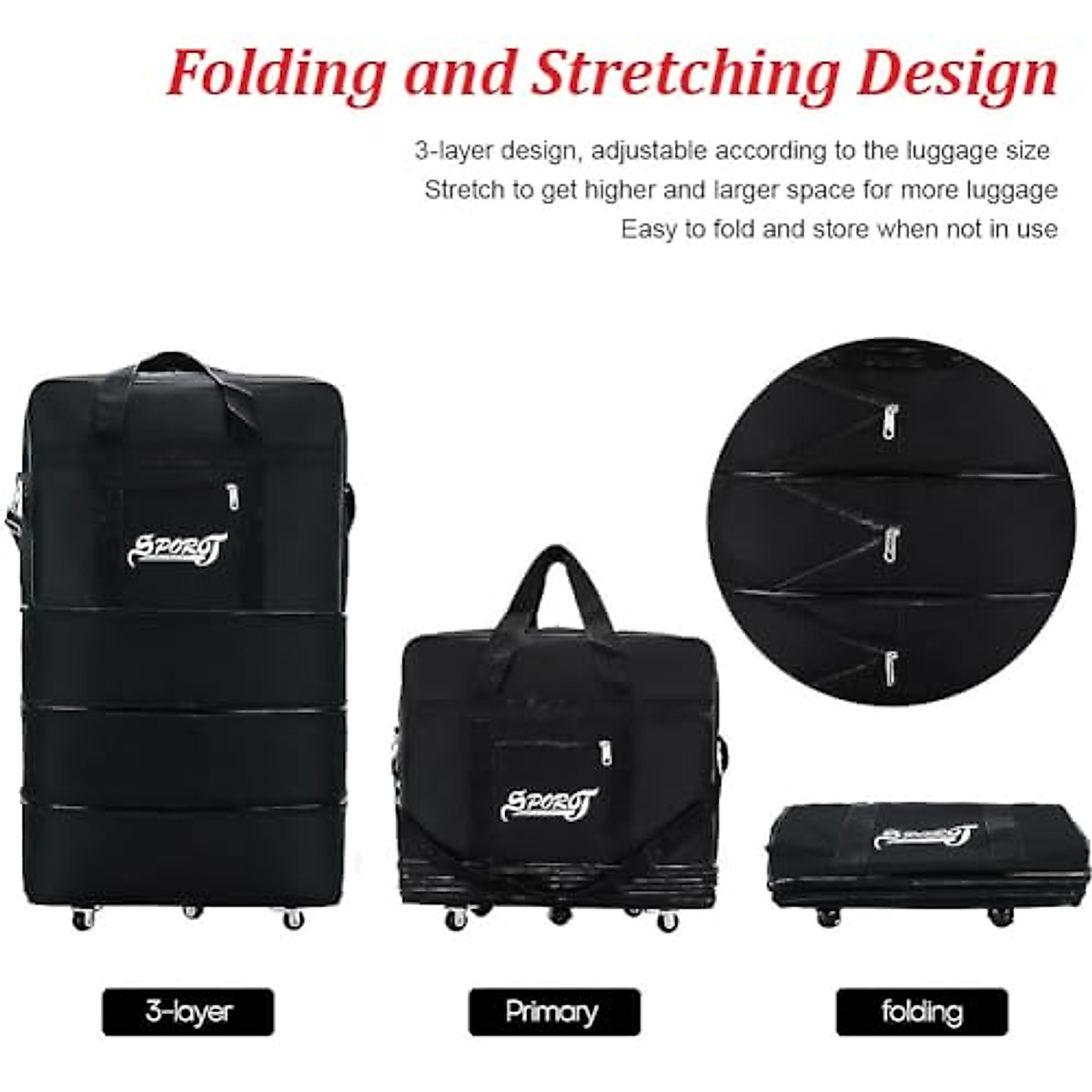 Expandable Rolling Wheeled Duffle Bag Spinner Suitcase Foldable Luggage Expandable (32''), Black