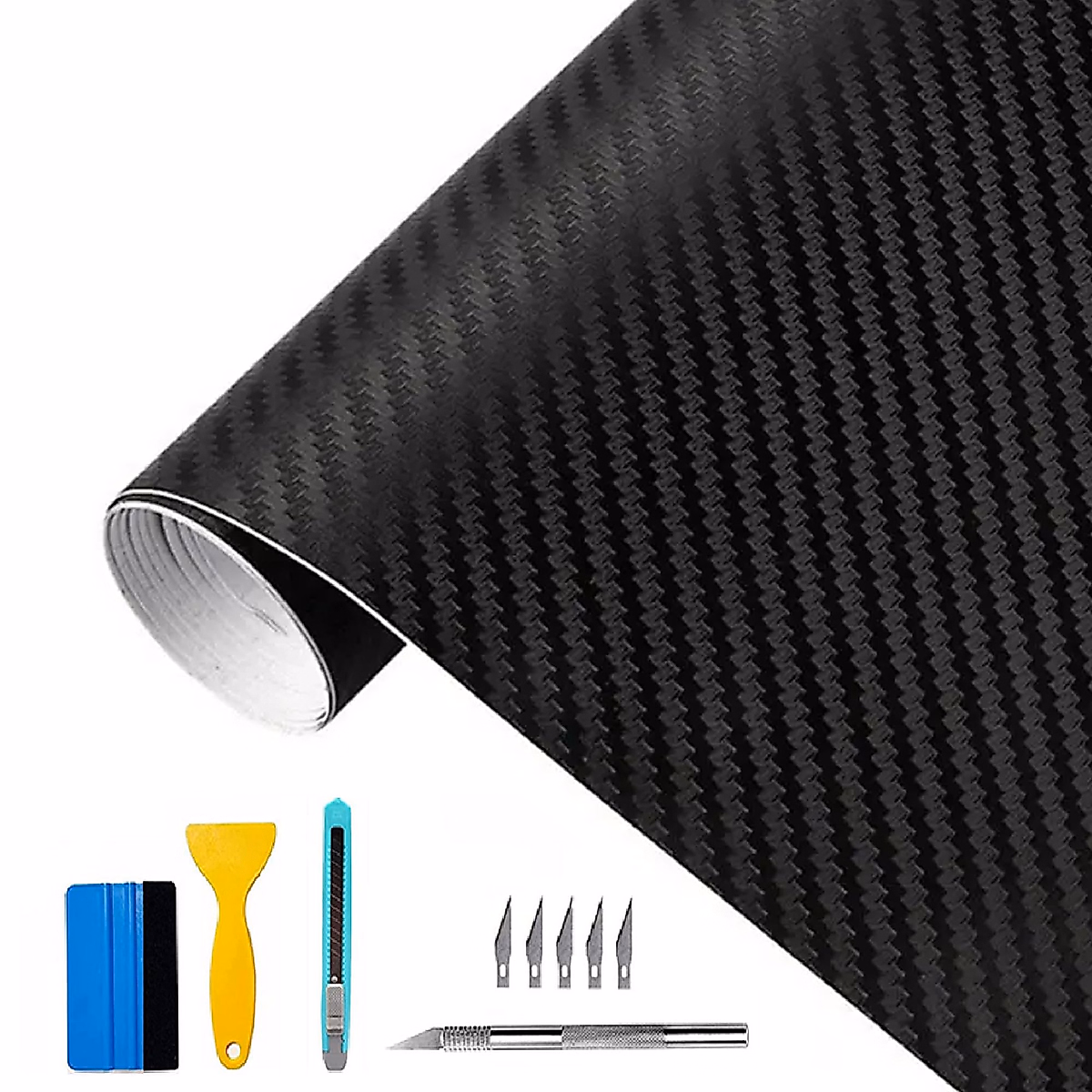 Lypumso 3D Black Carbon Fiber Vinyl Wrap with Tool Kits, Air Release Technology Car Wrap Vinyl Roll, Self Adhesive Wrap Stickers Waterproof Film Auto Exterior Interior Decoration 1ft x 13ft