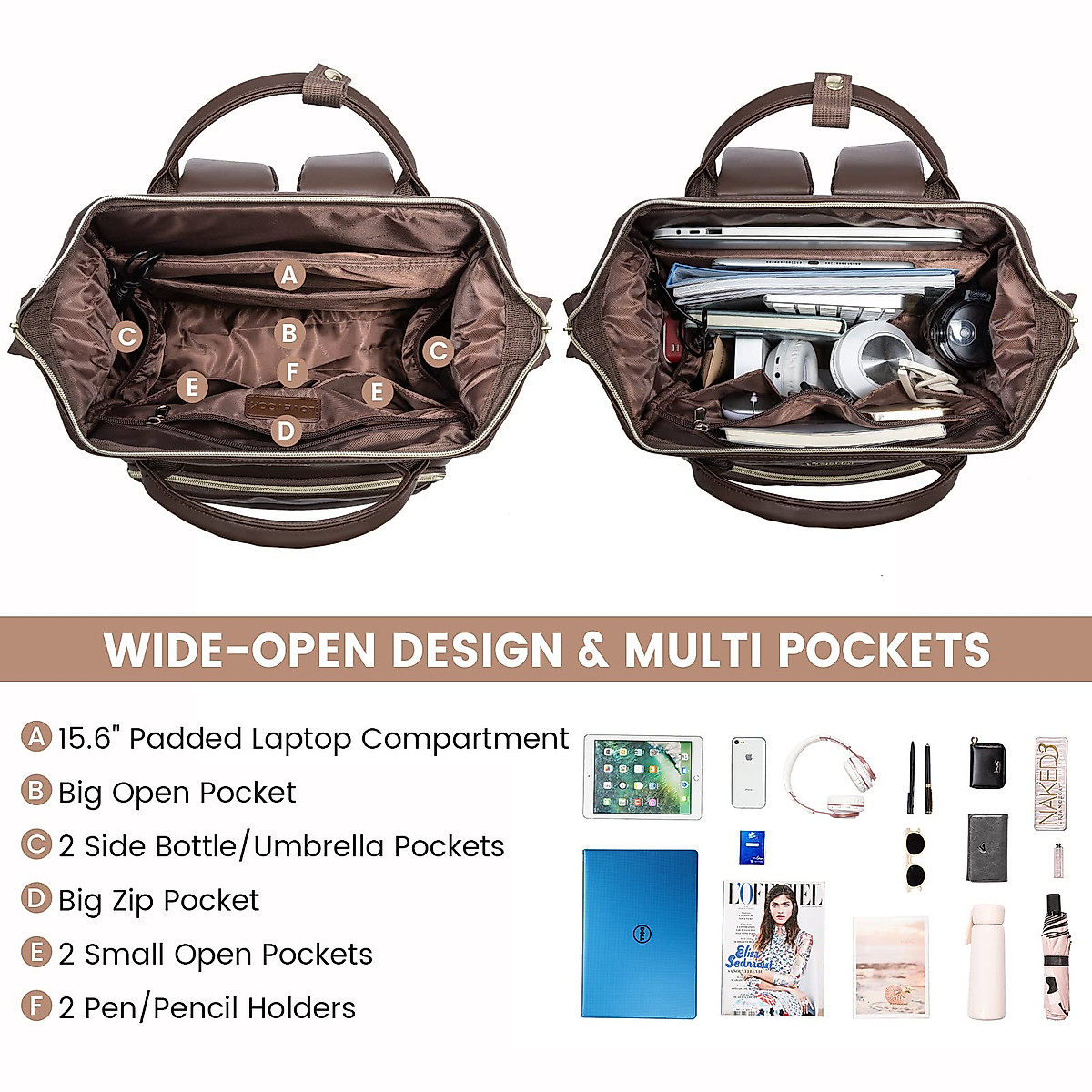 LOVEVOOK Leather Laptop Backpack for Women 17 inch,Travel Backpack Purse Nurse Teacher Backpack Computer Laptop Bag,Professional College Business Work Bags Carry On Backpack with USB Port,Coffee