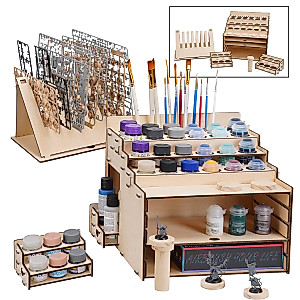 T TOGUSH Wooden Paint Organizer for 36 Holes of Citadel Paints and 36 Holes of Paint Brushes with Adjustable Storage wtih Model Pieces Shelf, Miniature Stands Holder Paint Rack for Miniature Paint Set