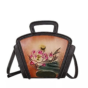 ZLXDP Vintage Embossed Women's Handbag Hand Painted Floral Women's Shoulder Bag (Color : Black, Size