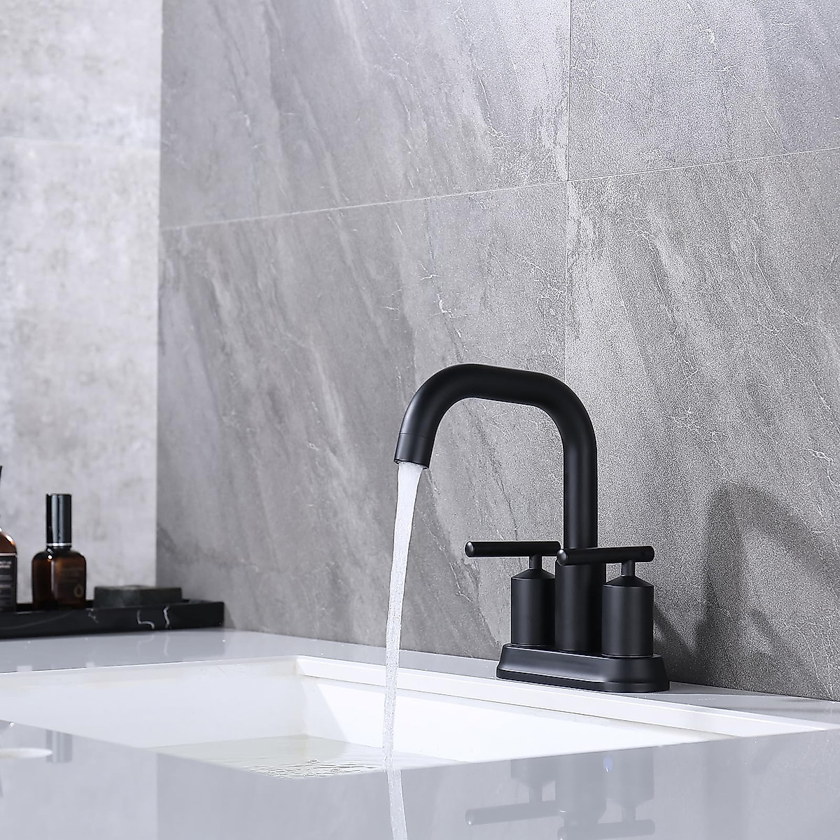 JAKARDA 4Inch 2 Handle Black Bathroom Faucet 3 Holes, Black Bathroom Sink Faucet with Pop up Drain Assembly and Water Supply Lines, Black