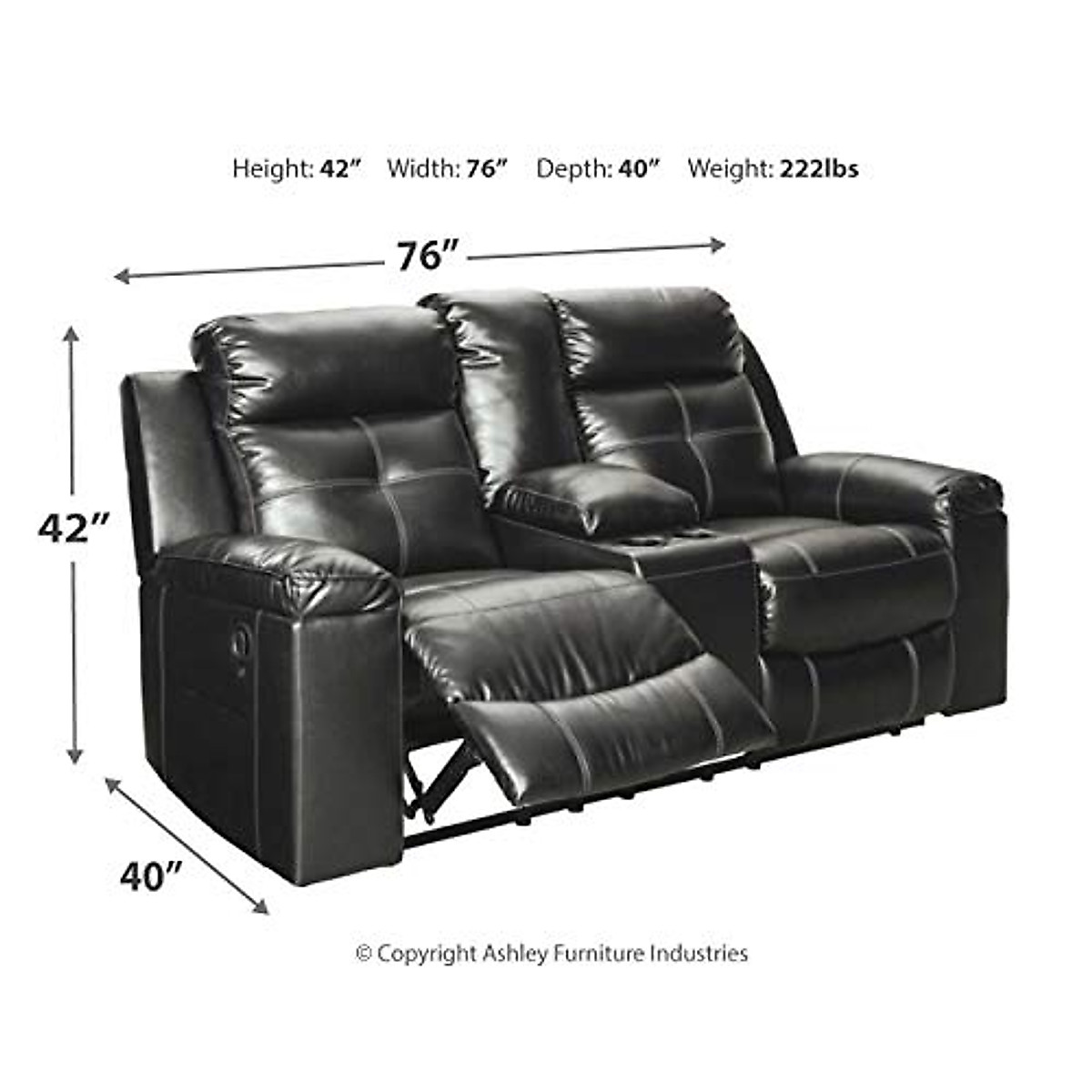 Signature Design by Ashley Kempten Faux Leather Manual Reclining Sofa with High Back, Center Console and Blue LED Lighting, Black