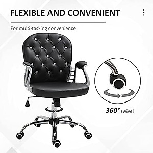 Vinsetto Vanity PU Leather Mid Back Office Chair Swivel Tufted Backrest Task Chair with Padded Armrests, Adjustable Height, Rolling Wheels, Black
