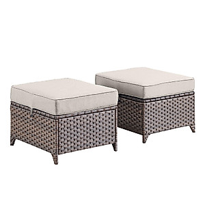 Outdoor Patio Ottoman Set of 2-Rattan Wicker Ottoman Foot Rest with Removable Cushions Cover Outdoor Footstool for Deck Balcony Poolside Backyard-Brown/Beige