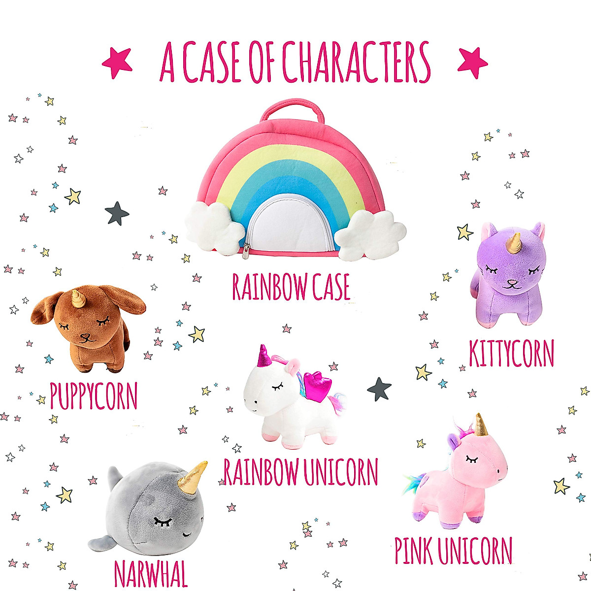 PixieCrush Unicorn Toys Stuffed Animal Gift Plush Set with Rainbow Case – 5 Piece Stuffed Animals with 2 Unicorns, Kitty, Puppy, and Narwhal – Toddler Gifts for Girls Aged 3, 4, 5,6,7, 8 yr olds