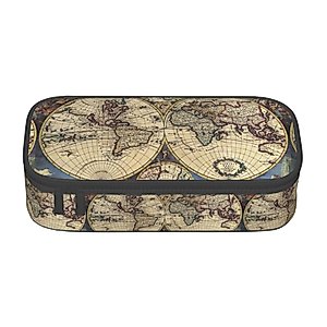 QHWLR Ancient Map World Globe print Pencil Case Large Capacity Pen Pouch for interlayer Adults Cosmetic Bag Supplies ﻿, Black