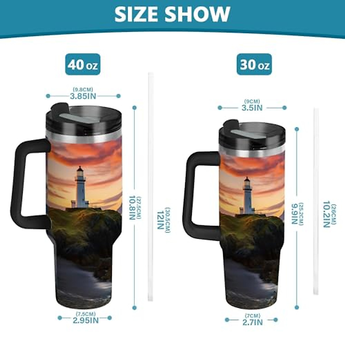 FRCSDIY Seaside Lighthouse Insulated Tumbler with Handle and Straw Lid,40oz Leakproof Stainless Steel Cup BPA-Free Water Bottle