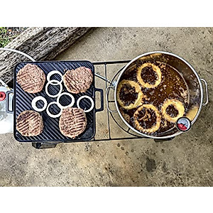 Bayou Classic DB250 Dual Burner High Pressure Cooker Features 12.5-in Tall Welded Steel Frame Dual 14-in Cooking Surfaces Dual 4-in Burners Dual 36-in Stainless Braided Hoses