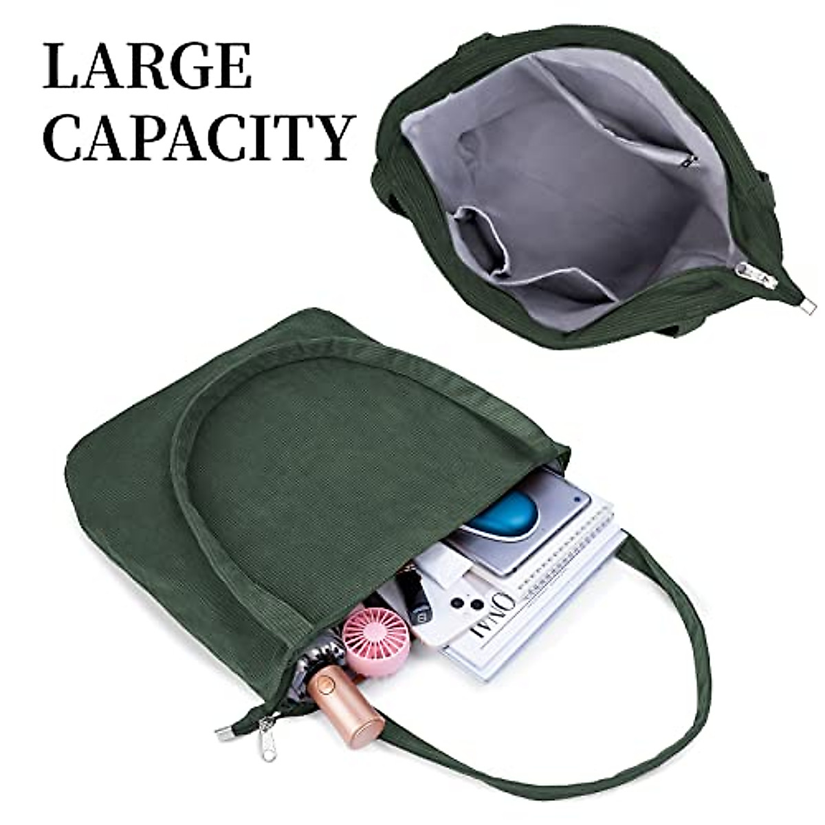 Iioscre Corduroy Tote Bag for Women,Tote Bag with Zipper,Large Capacity Casual Shoulder Handbags with Inner Pockets