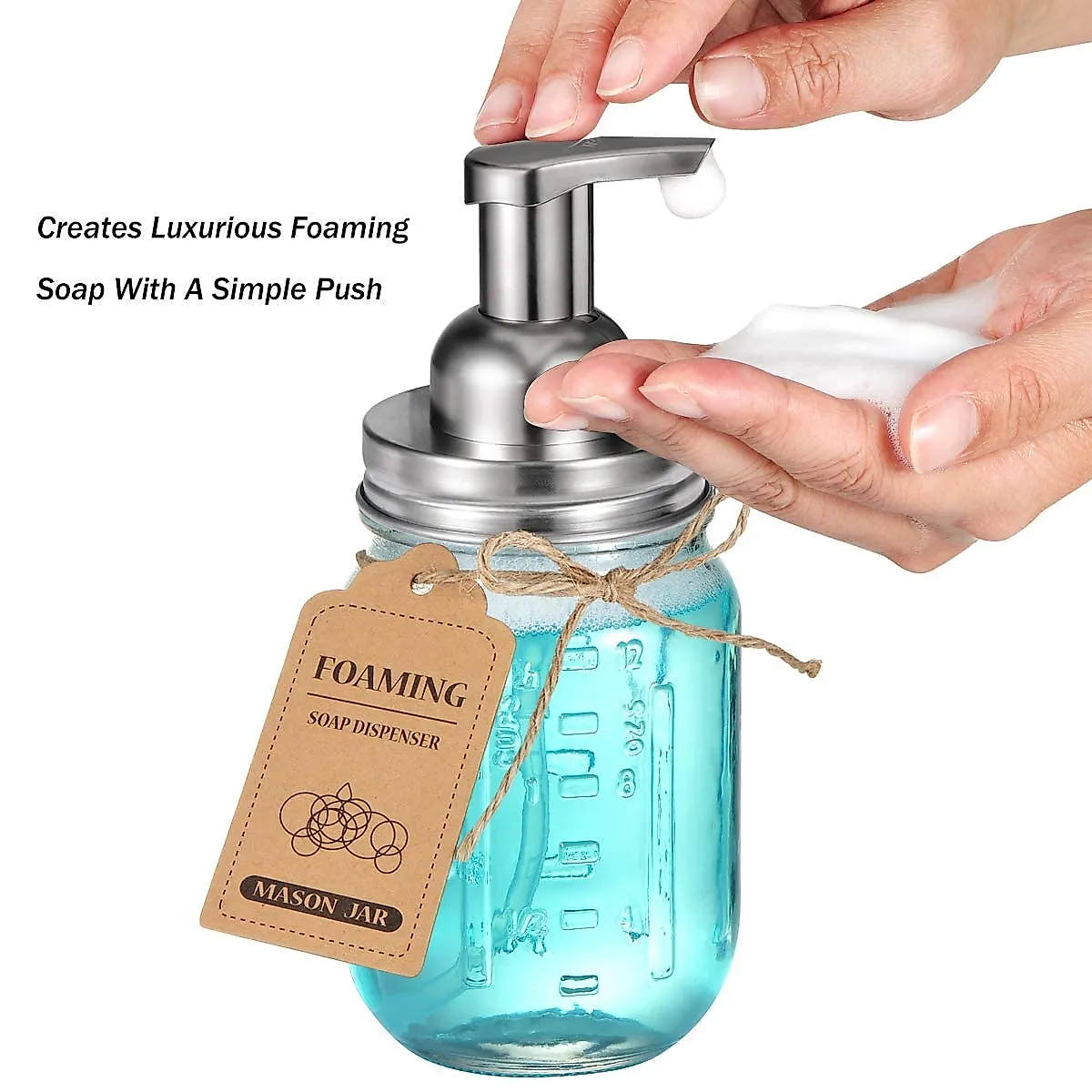 Amolliar Mason Jar Foaming Soap Dispenser Pump Lids, Rustproof Stainless Steel Lid Plastic Pump for Regular Mouth Mason Jar, Kitchen Bathroom Farmhouse Decor, Waterproof Stickers, Brushed Nickel 2Pack