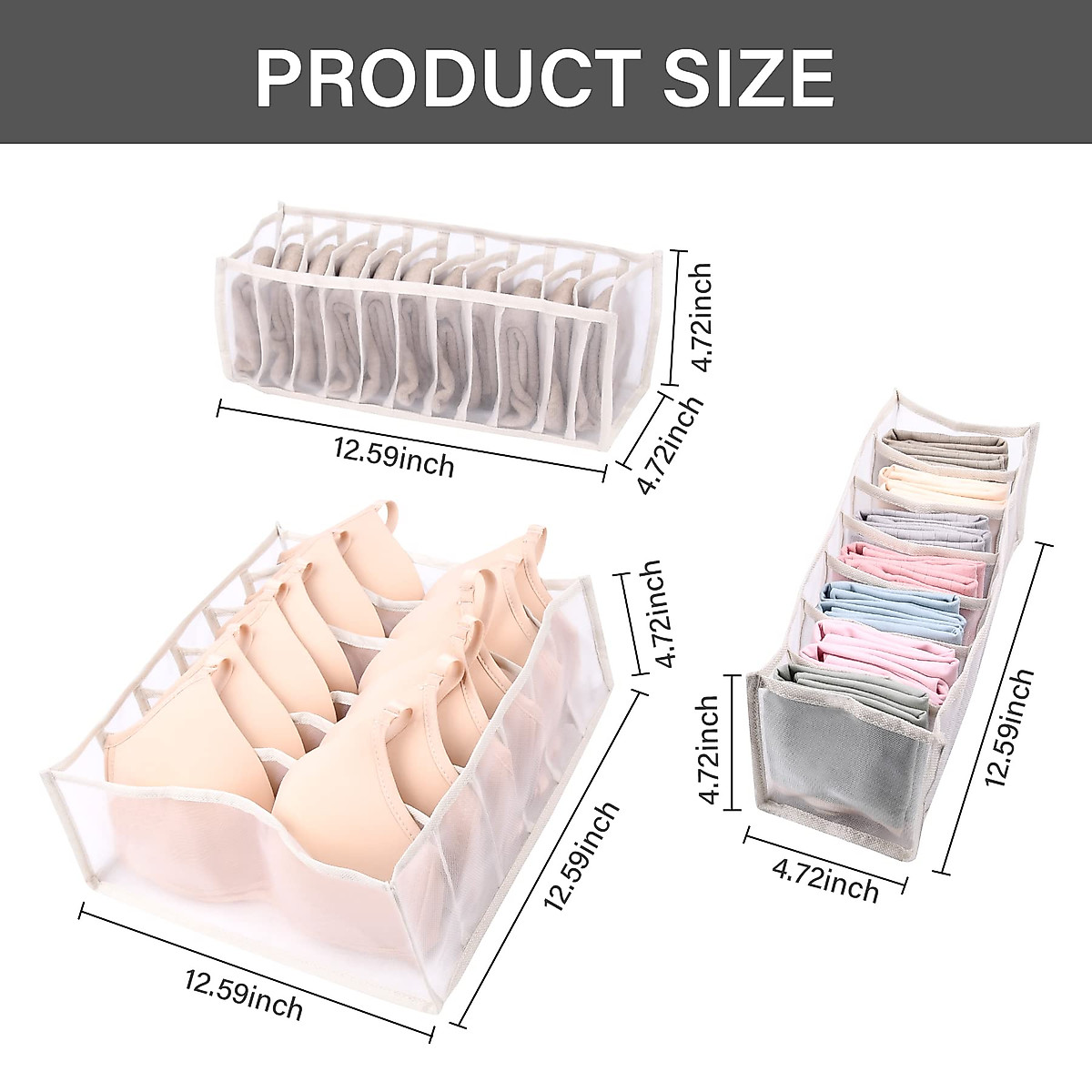 3pcs Underwear Organizers and Storage Baskets for Clothset Drawers, 6,7,11 Grids Wardrobe Clothes Organizer, Portable Clothing Storage Bins Containers for Bra,Underpants,Socks,Jeans,Scarf,Gray (WHITE)