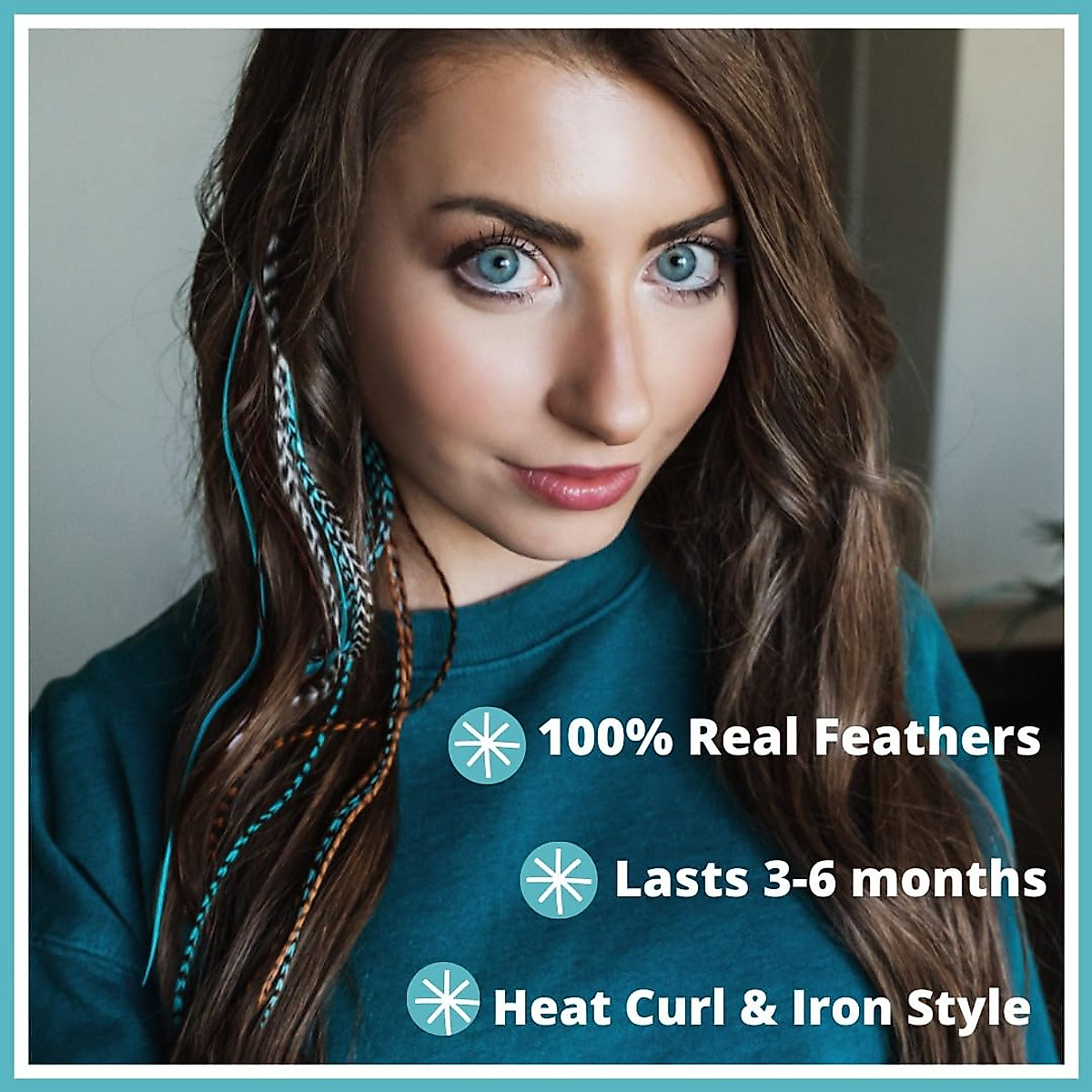 Hair Feathers Extensions Kit, Long Real Rooster Feathers for Hair with DIY Microlink Beads and Loop Tool, Western Turquoise Blue and Brown Naturals