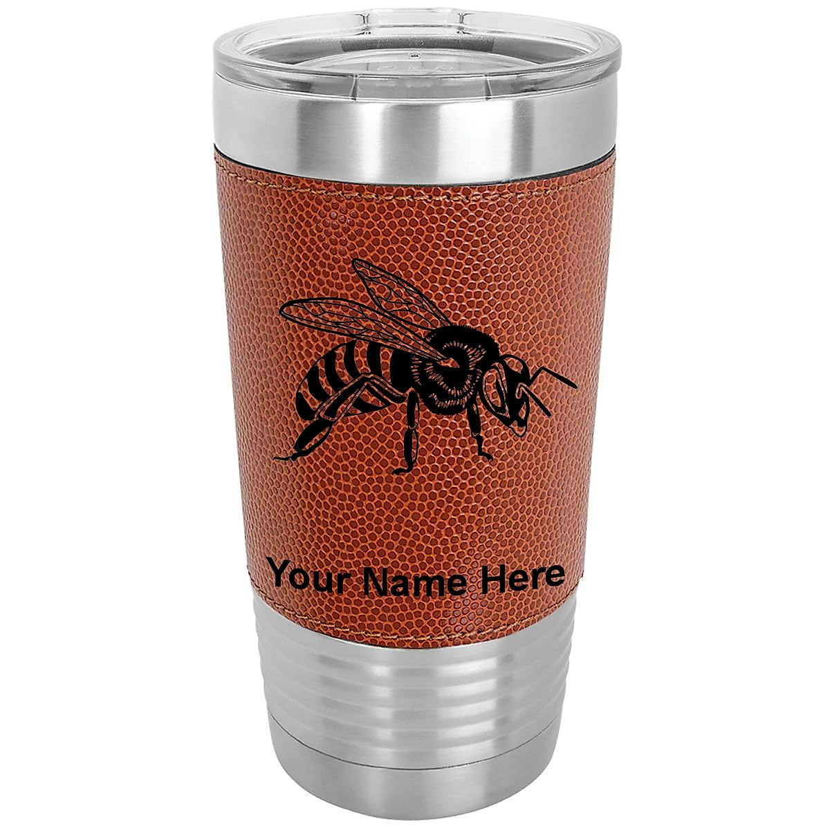 LaserGram 20oz Vacuum Insulated Tumbler Mug, Honey Bee, Personalized Engraving Included (Faux Leather, Basketball Style)