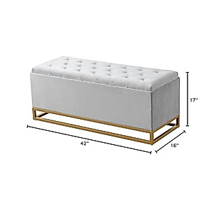 Chic Home Kadiri Storage Bench Velvet Upholstered Tufted Seat Gold Tone Metal Base with Discrete Interior Compartment Modern Contemporary, Grey