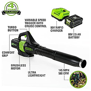 Greenworks Pro 80V (145 MPH / 580 CFM) Brushless Cordless Axial Leaf Blower, 2.5Ah Battery and Charger Included BL80L2510