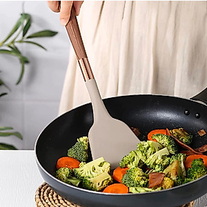 Chef Kitchen Cooking Utensils Set, Non-Stick Silicone Cooking Kitchen Utensil Set with Holder, Wooden Handle Silicone Kitchen Gadgets Utensil Set (OakWood)