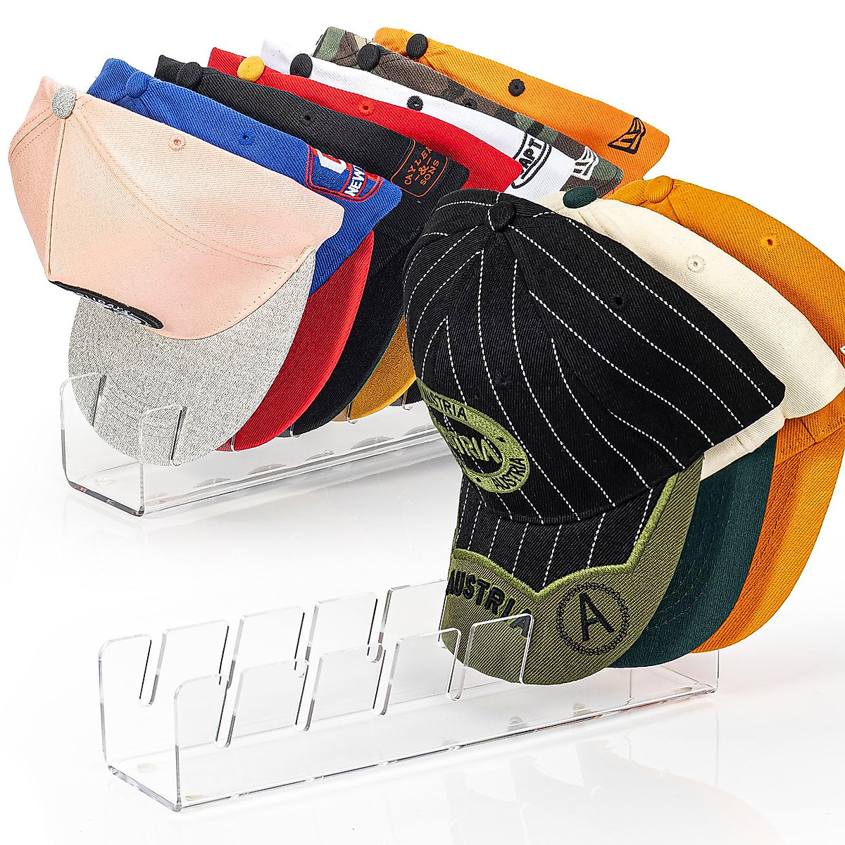 OAPRIRE Hat Stand for Baseball Caps Display and Organizer, No Install Acrylic Hat Organizer 2 Pack Holds 14 Baseball Caps for Closet, Bedroom, Dresser (Clear)