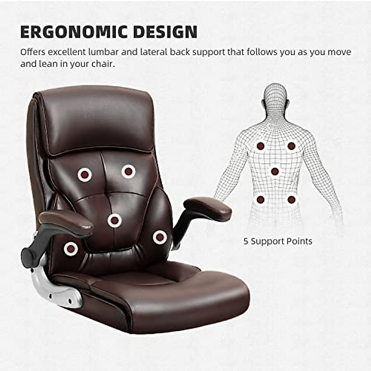 YAMASORO Executive Office Chair,Ergonomic Chair with Lumbar Support,Comfortable Computer Desk Chairs Flip up Arms and Wheels Swivel Task Chair, Brown