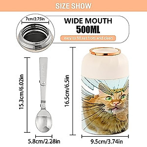 CUPADA Ginger Cat Lovely Food Jar, Broken Glass Design Insulated Hot Food Jars Vacuum 17OZ with Folding Spoon for Work Trip Picnic Camping