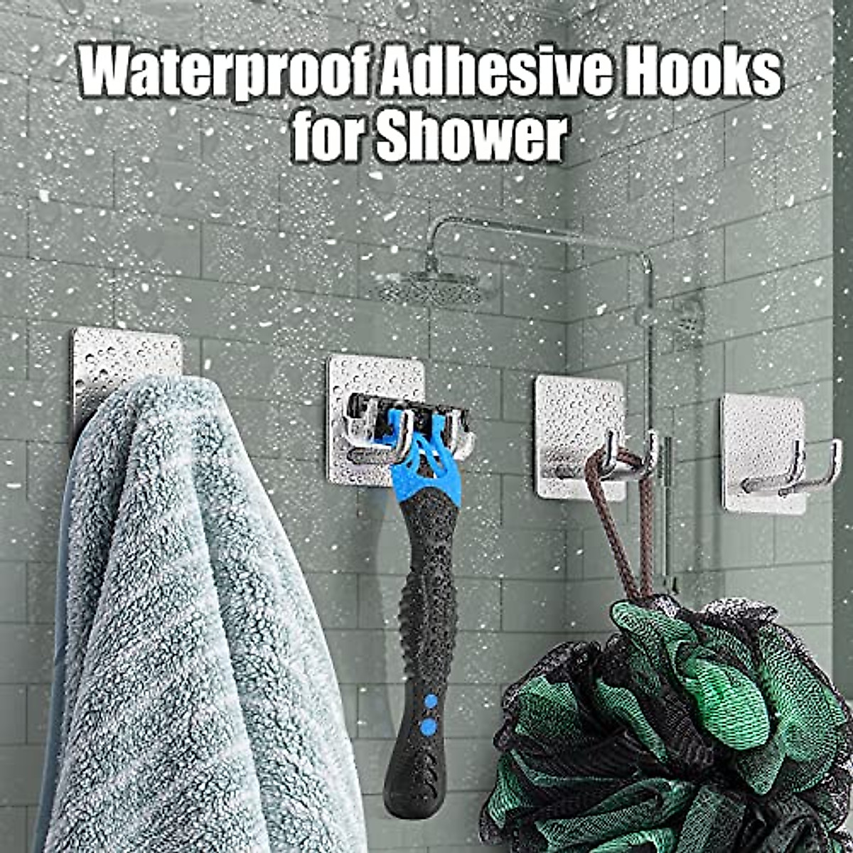 YasTant 4Pcs Shower Hooks for Inside Shower Razor Holder, Stainless Steel Shower Hanger Hook for Wall, Brushed Nickle Adhesive Razor Hook for Bathroom, Self Adhesive Wall Hooks Heavy Duty Straight