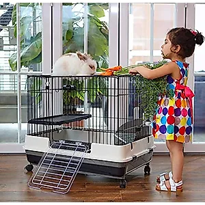 Large 2-Level Indoor Small Animal Pet Cage for Guinea Pig Ferret Chinchilla Cat Playpen Rabbit Hutch with Solid Platform & Ramp, Leakproof Litter Tray, 2 Large Access Doors Lockable Casters