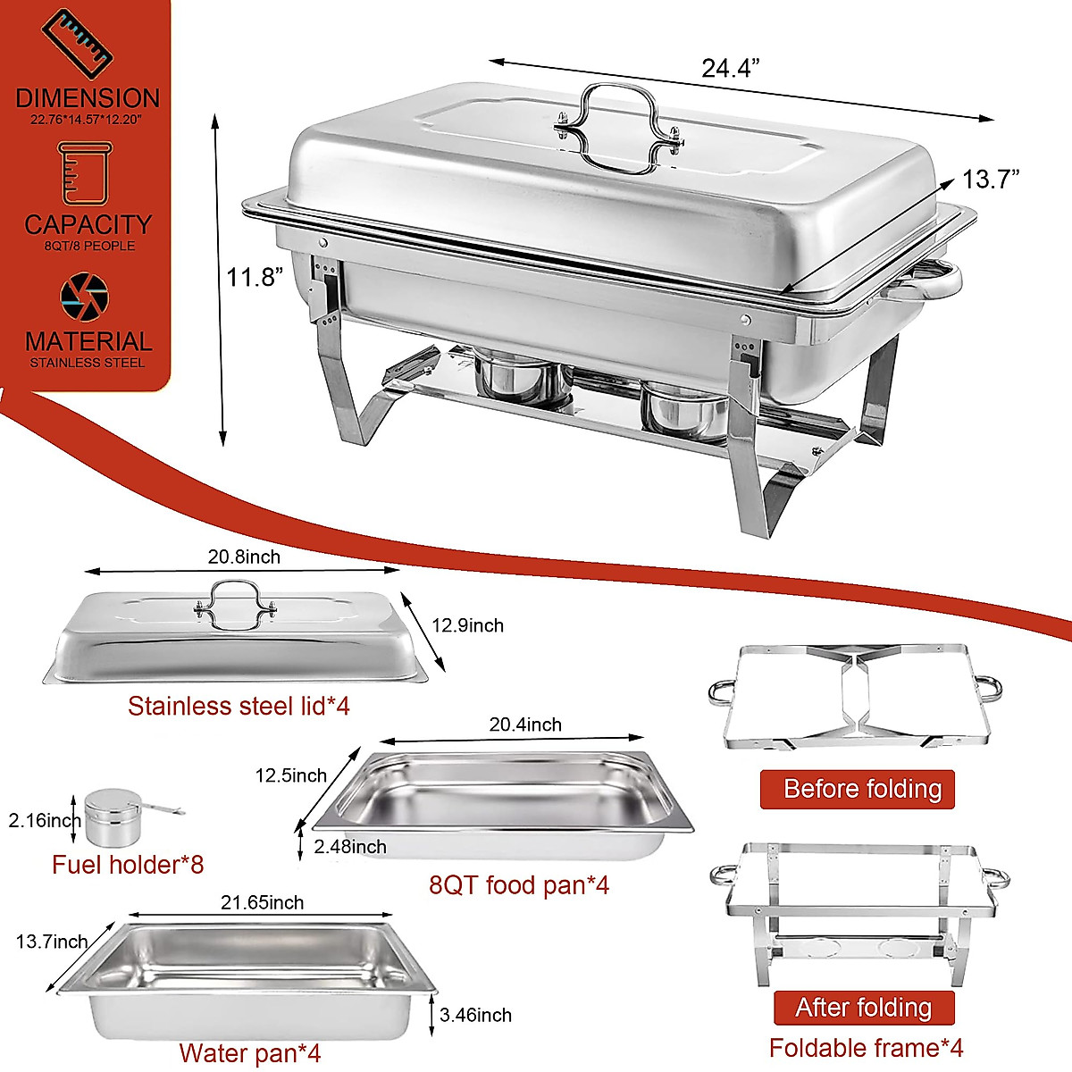 MRIISEL Chafing Dish Buffet Set - 4 Pack, 8 Quart Stainless Steel Chafer Buffet Servers and Warmers Set with Folding Frame for Weddings, Parties, Banquets, and Catering Events