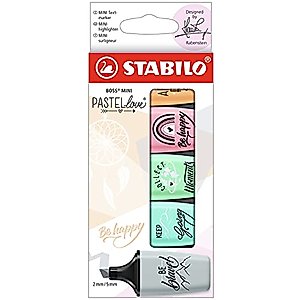 STABILO Highlighter BOSS MINI Pastellove - Pack of 5 - Touch of Turquoise, Hint of Mint, Pale Orange, Pink Blush, Dusty Grey