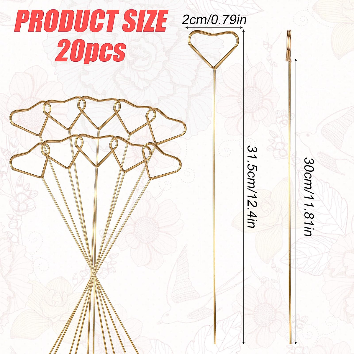 XIHIRCD 20pcs Floral Card Holder Picks, Metal Heart Shape Gift Card Holder Decorative Flower Photo Picture Sticks Clips Golden Card Holder Floral Arrangement for Wedding Party Valentines Centerpiece