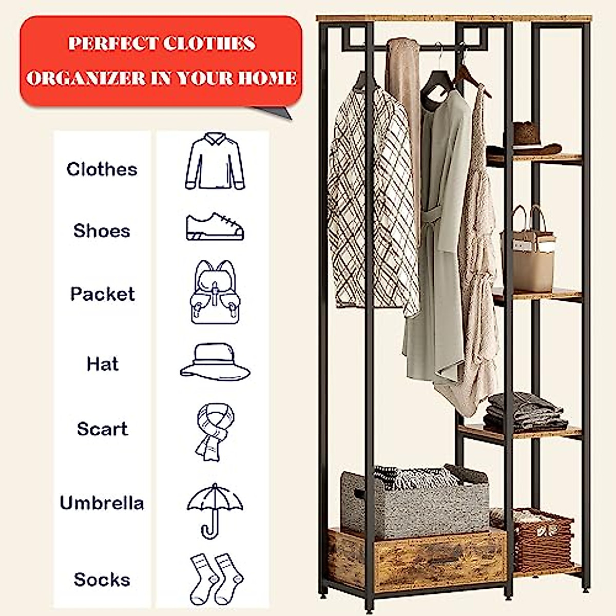 soges Free-Standing Garment Rack, Clothing Rack Clothes Organizer with 5-Tier Shelves,Hanging Rod and Drawer, Open Wardrobe Closet Storage Organizer,Portable Coat Rack, 10JYBJCR03TK