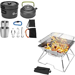 Odoland Bundle – 2 Items 10pcs Camping Cookware Mess Kit and Folding Campfire Grill, Camping Fire Pit, Outdoor Wood Stove Burner for Outdoor Backpacking Hiking BBQ