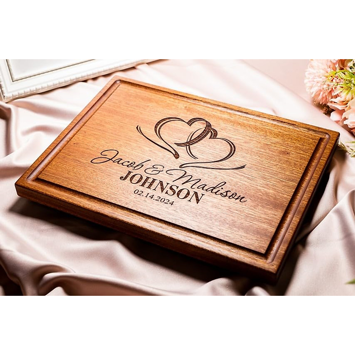 Personalized Cutting Board, Custom Wedding, Anniversary or Housewarming Gift Idea, Wood Engraved Charcuterie, for Newlyweds and Couples, Two Hearts Design 027