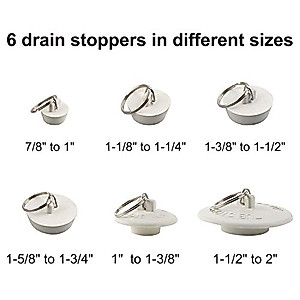 6 Pieces Drain Stopper, Rubber Sink Stopper Drain Plug with Pull Ring for Bathtub, Kitchen, Bathroom and Laundry Sink in 6 Different Sizes, White