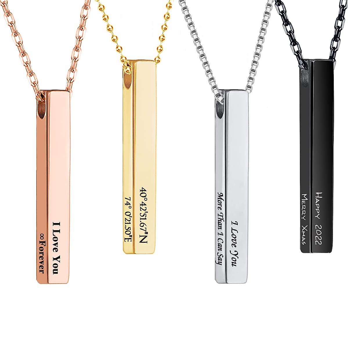 Personalized 4 Sided Vertical Bar Necklace Custom Text Engraved 3D Bar Pendant Stainless Steel Coordinate Jewelry for Couples