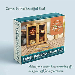 LuvURkitchen Large Bread Box for Kitchen countertop, Cutting Board, and Stainless Steel Bread Knife. Fully Adjustable shelf; bread storage container, wooden bread box, bread container, bread box large