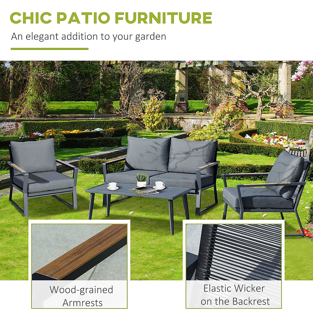 Outsunny 4 Piece Patio Furniture Set, Aluminum Conversation Set, Outdoor Garden Sofa Set with Armchairs, Loveseat, Center Coffee Table and Cushions, Dark Grey