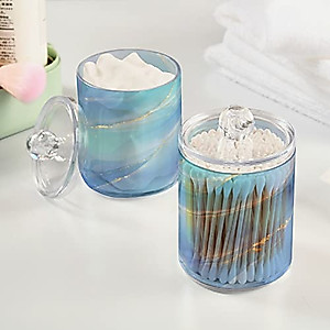 xigua 2 Pack Blue Gold Marble Apothecary Jars with Lid, Qtip Holder Storage Jars for Cotton Ball, Cotton Swab, Cotton Round Pads, Clear Plastic Canisters for Bathroom Vanity Organization (10 Oz)