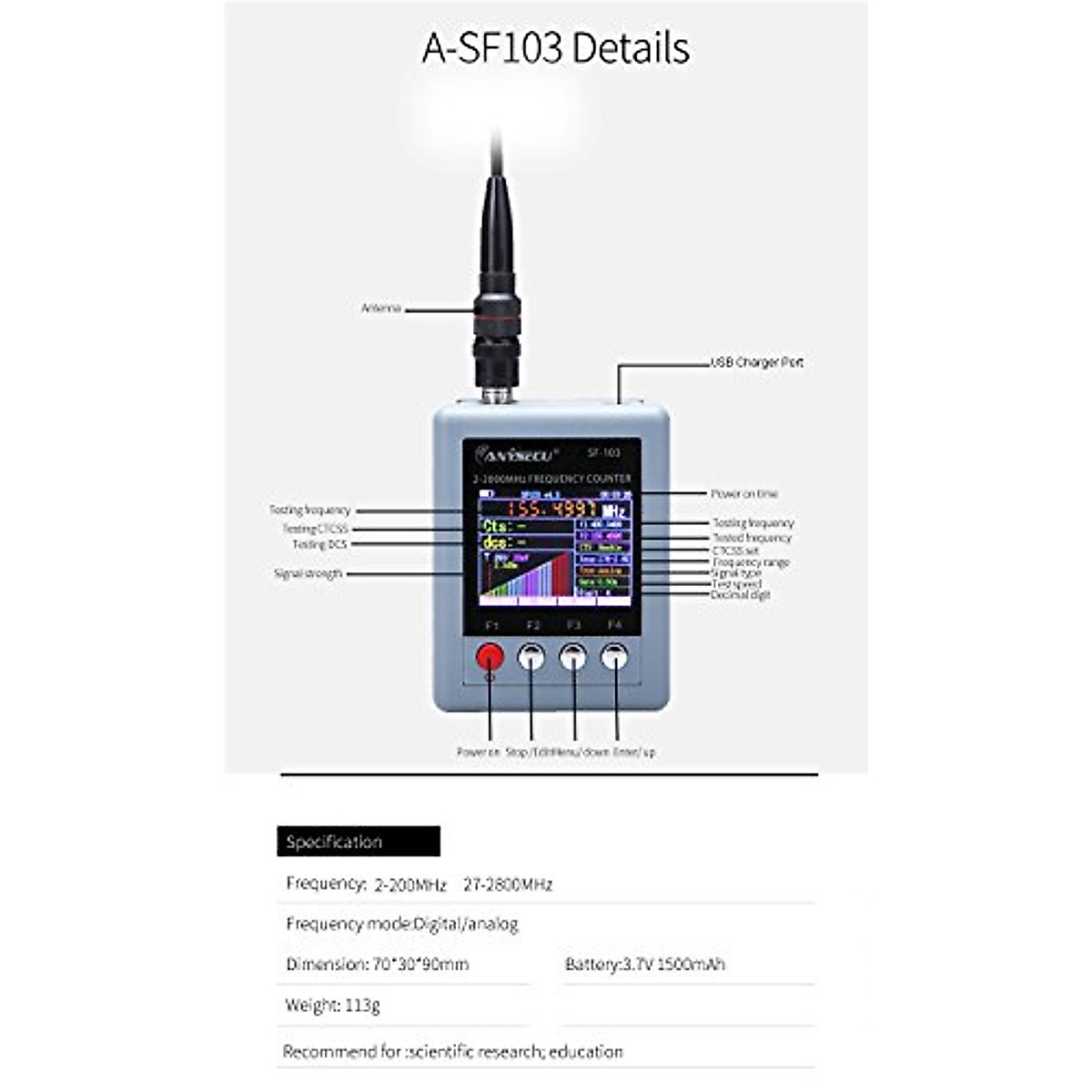 Anysecu SF-103 A-SF103 Portable Frequency Counter 2MHz - 2.8GHz for Two Way Radio Upgrade Version of SF401