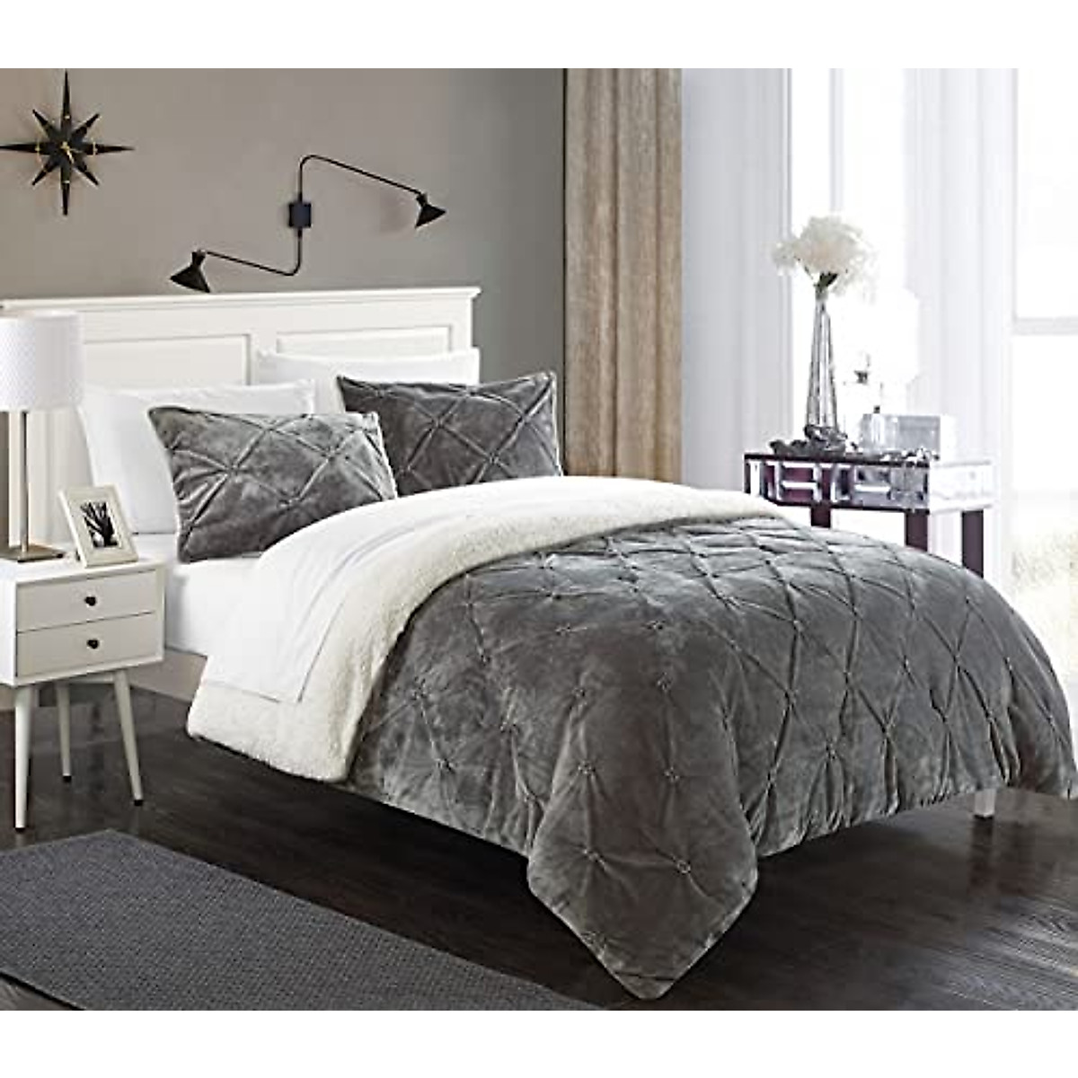Chic Home 3 Piece Josepha Pinch Pleated Ruffled & Pintuck Sherpa Lined Comforter Set, King, Grey