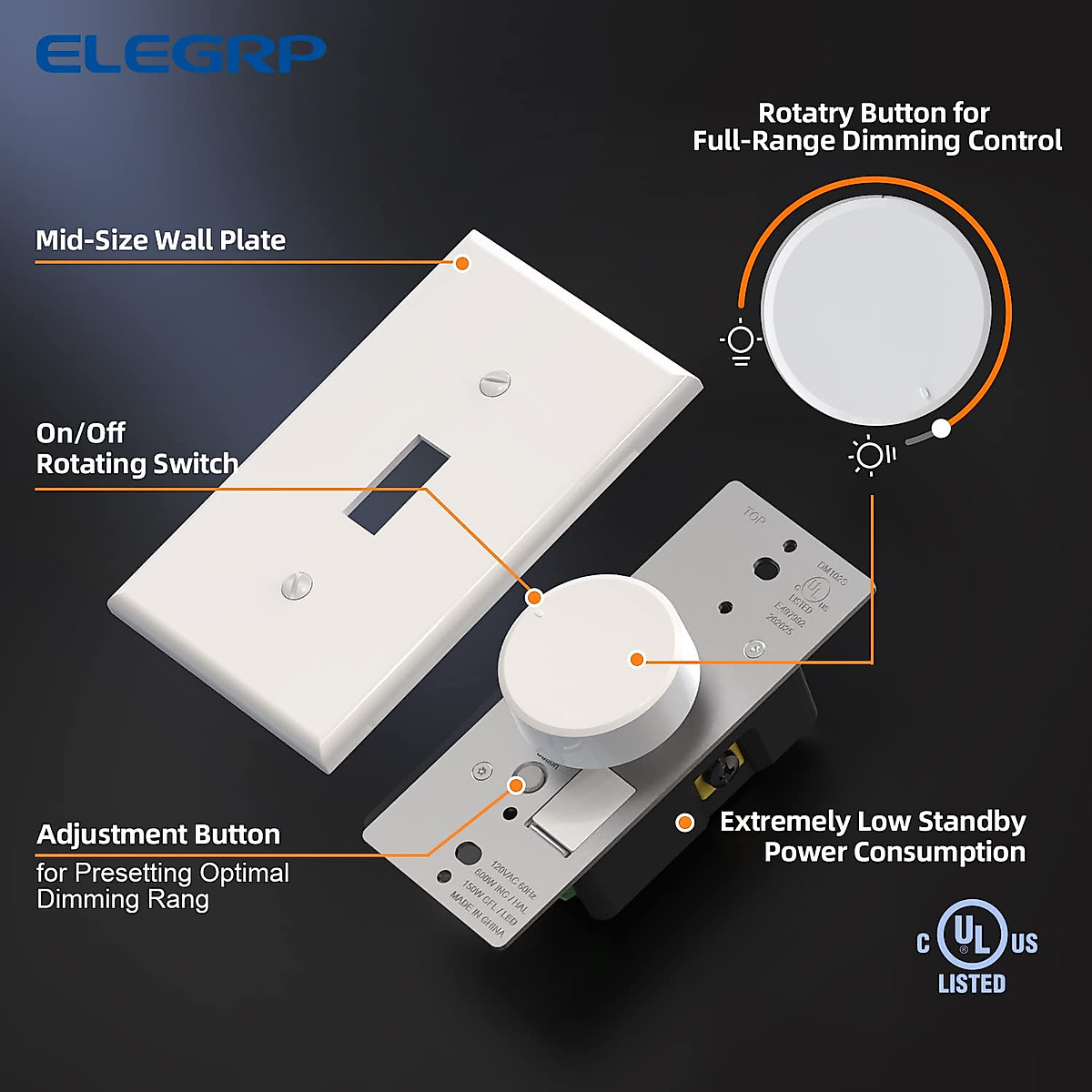 ELEGRP Digital Rotating Dimmer Switch for Dimmable LED, CFL and Incandescent Light Lamp Bulbs, Single Pole / 3-Way Rotary Dimmer Switch, Wall Plate Included, UL Listed (1 Pack, Matte White)