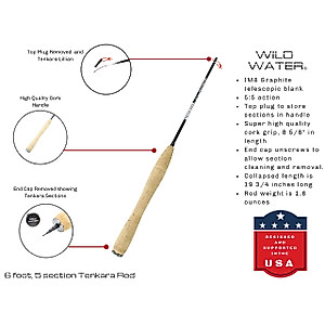Wild Water Fly Fishing Tenkara Rod, 6 Foot, 5 Section IM8 Graphite Telescopic Rod with Cork Handle, Hard Tube Rod Case and Knitted Rod Sock