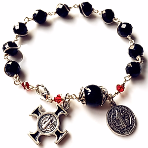 elegantmedical HANDMADE SILVETR Wire Wrap Black Agate Prayer Beads Bracelet Rosary Cross Catholic